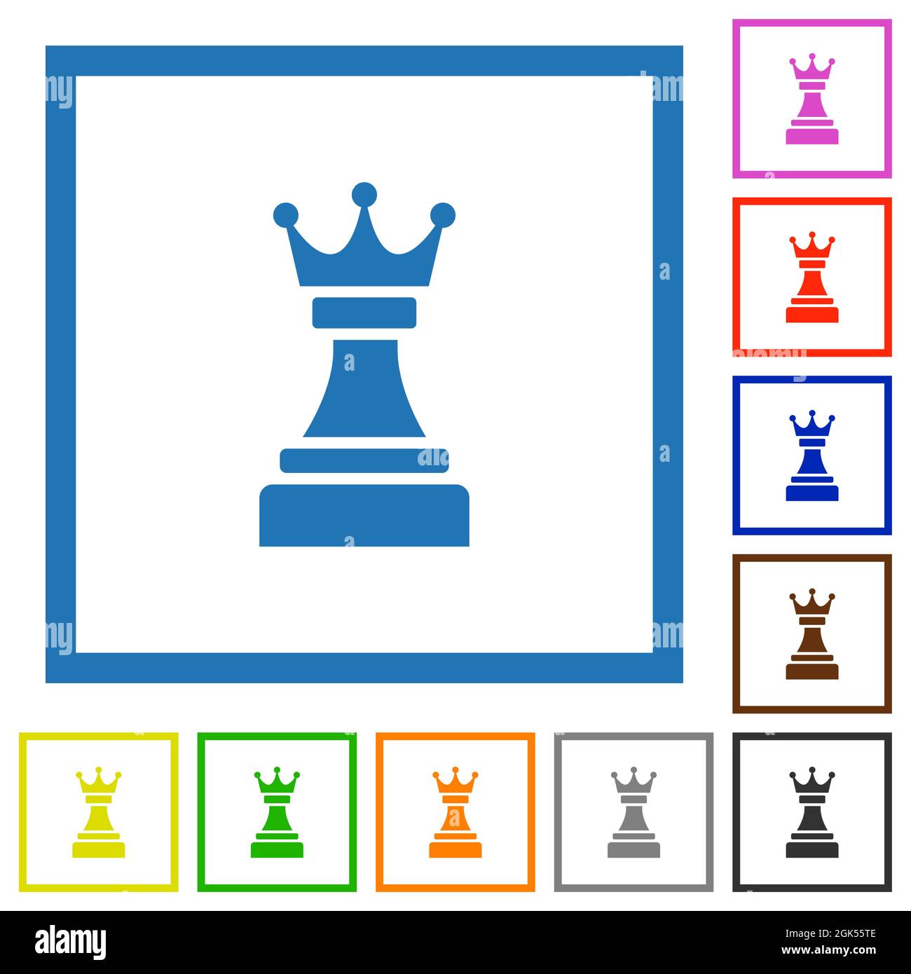 Black chess queen flat color icons in square frames on white background ...
