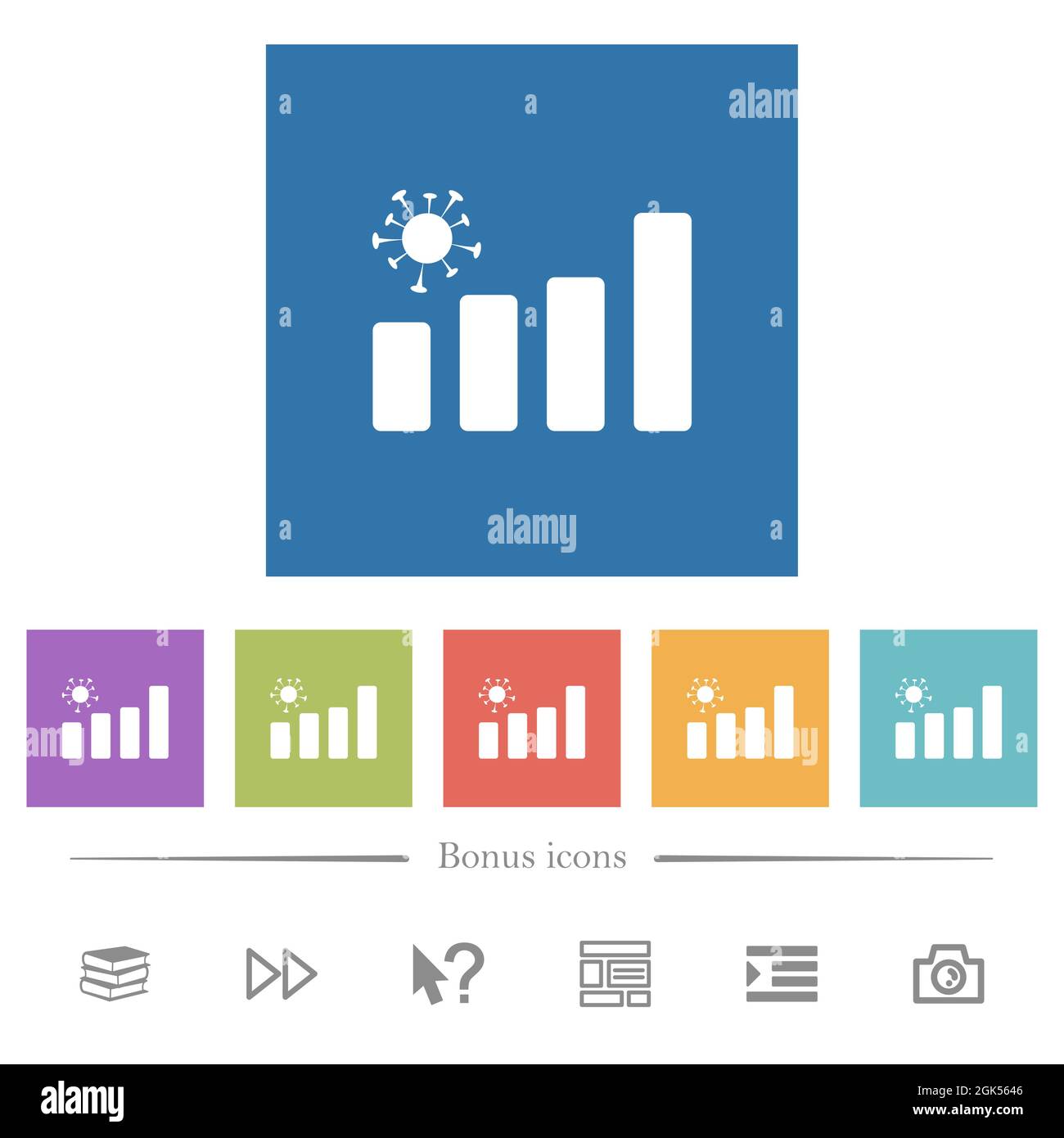 Covid graph flat white icons in square backgrounds. 6 bonus icons ...