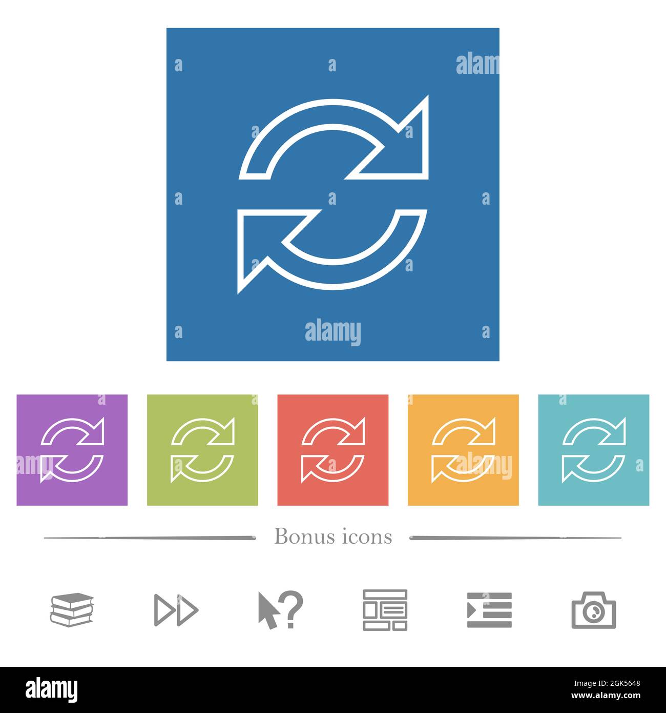 Refresh arrows outline flat white icons in square backgrounds. 6 bonus ...