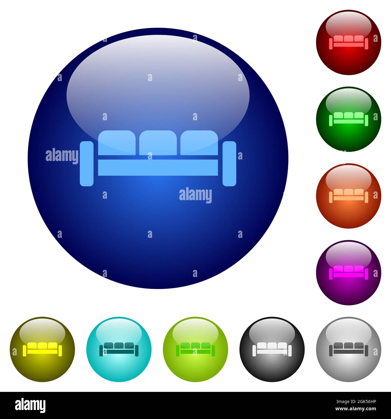 Sofa icons on round glass buttons in multiple colors. Arranged layer ...