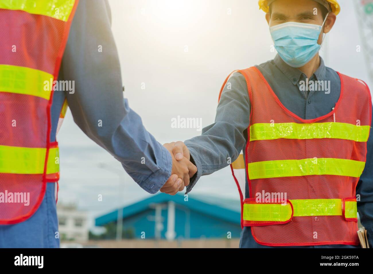 Engineer Shake hand Team Engineer do Job on site construction ...