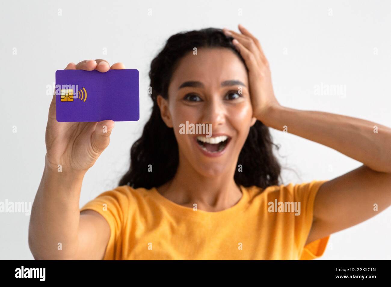 Easy Payment. Excited Happy Young Woman Showing Contactless Credit Card ...