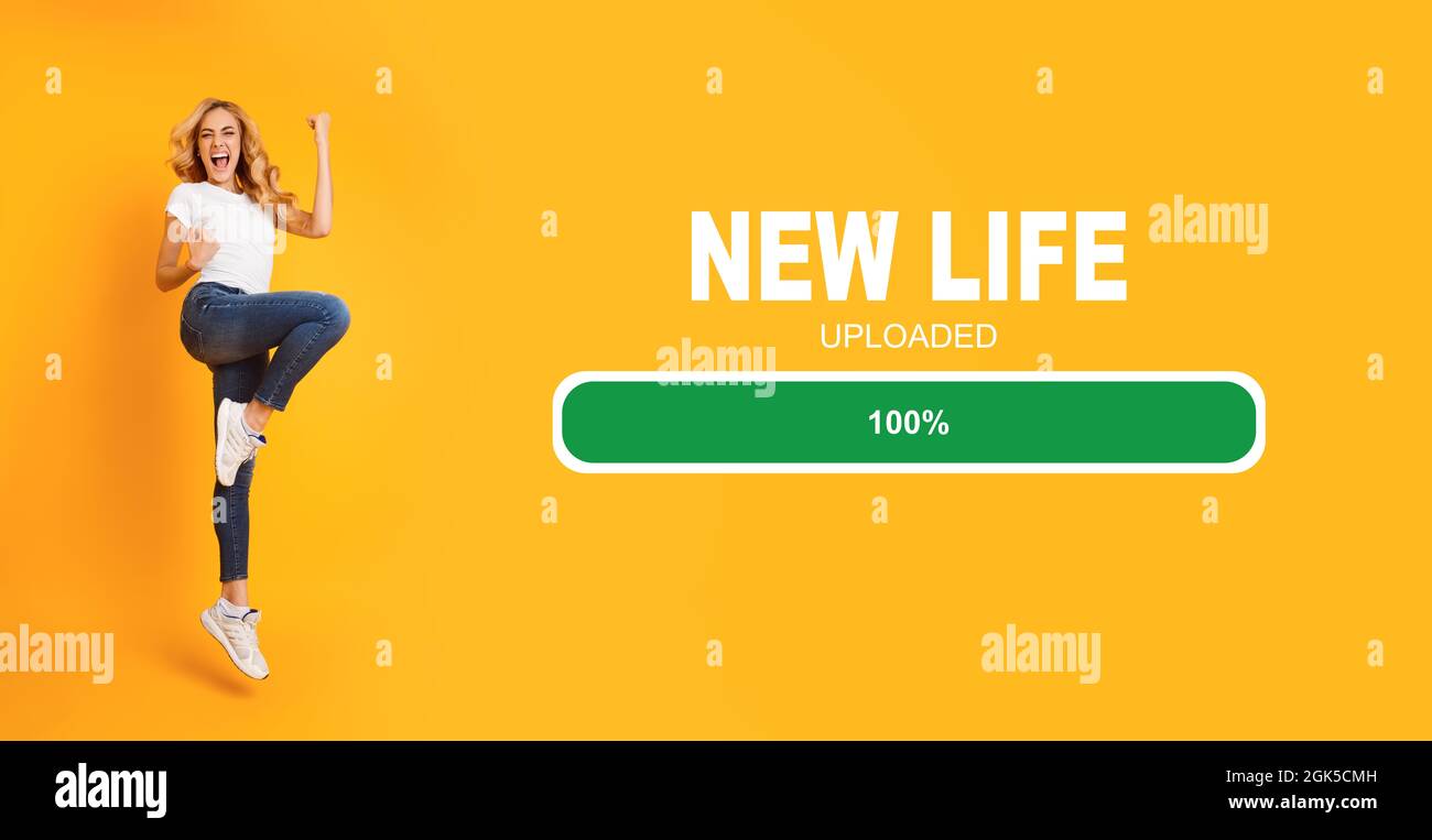 Joyful young blonde woman jumping and celebrating future success ...