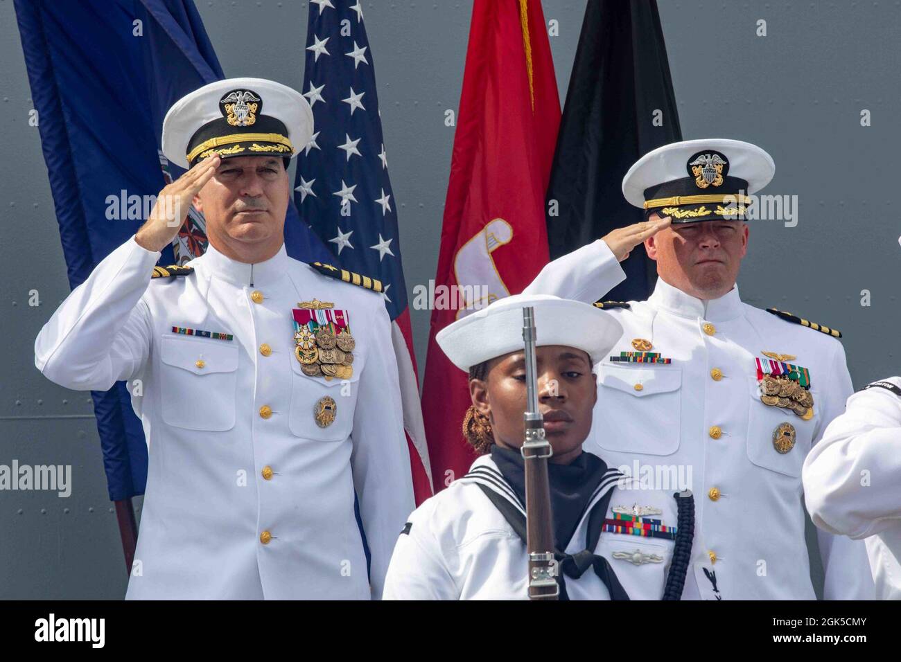 210806-N-PC065-2036 ATLANTIC OCEAN (Aug. 6, 2021) U.S. Navy Capt. Chris “Chowdah” Hill, right ...