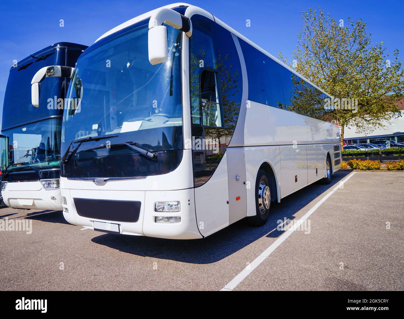 Big tourist bus on parking Stock Photo - Alamy