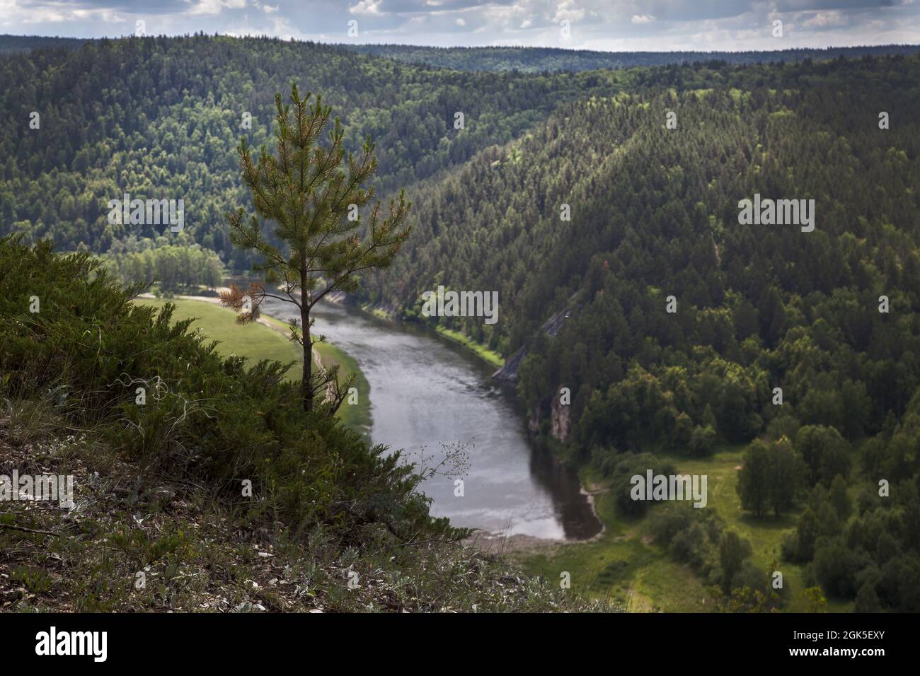 Aerial angle shot of Belaya river valley in Bashkortostan in Russia ...