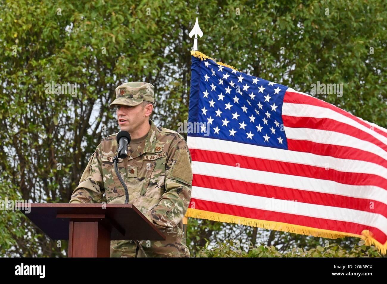 Maj. Ryan Watson, 155th Civil Engineer Squadron commander, delivers a ...