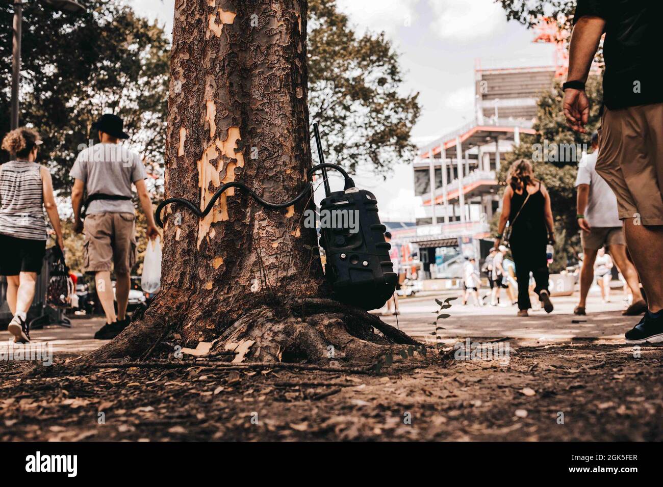 An AreaRAE air monitoring system is stationed against a tree, outside ...
