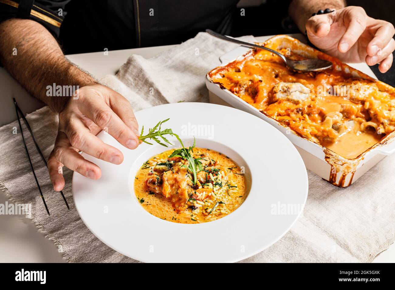 Authentic Spanish paella with cod and mussels. Traditional ...