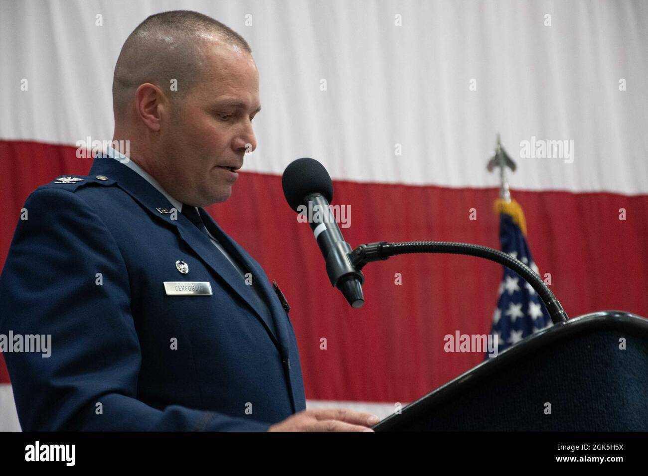 U.S Air National Guard Lt. Col. Kyle Cerfoglio addresses a small crowd ...