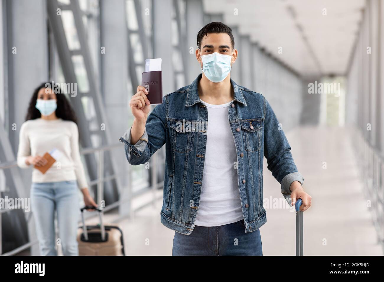 Travelling During Pandemic. Arab Man In Medical Mask Posing At Airport ...
