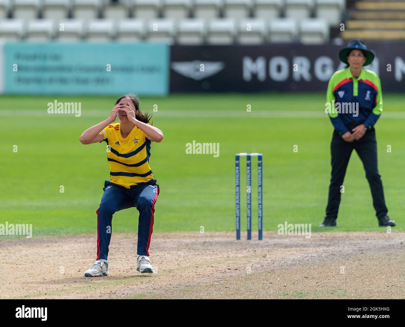 Emma Jones of South East Stars reacts to her bowling in a Rachael ...