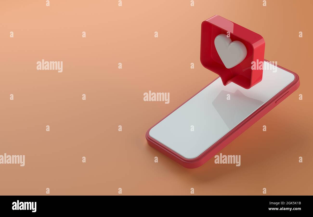 3d illustration of isometric view phone with like notification icon on ...