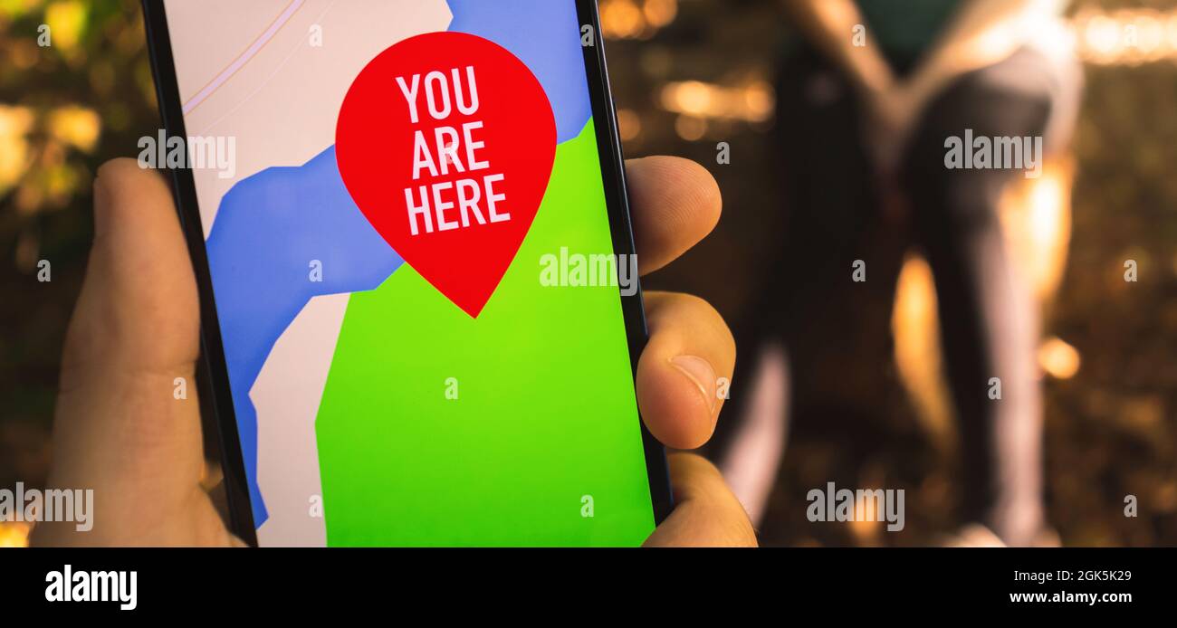 Man using maps on mobile phone for navigation in the forest. Outdoor ...