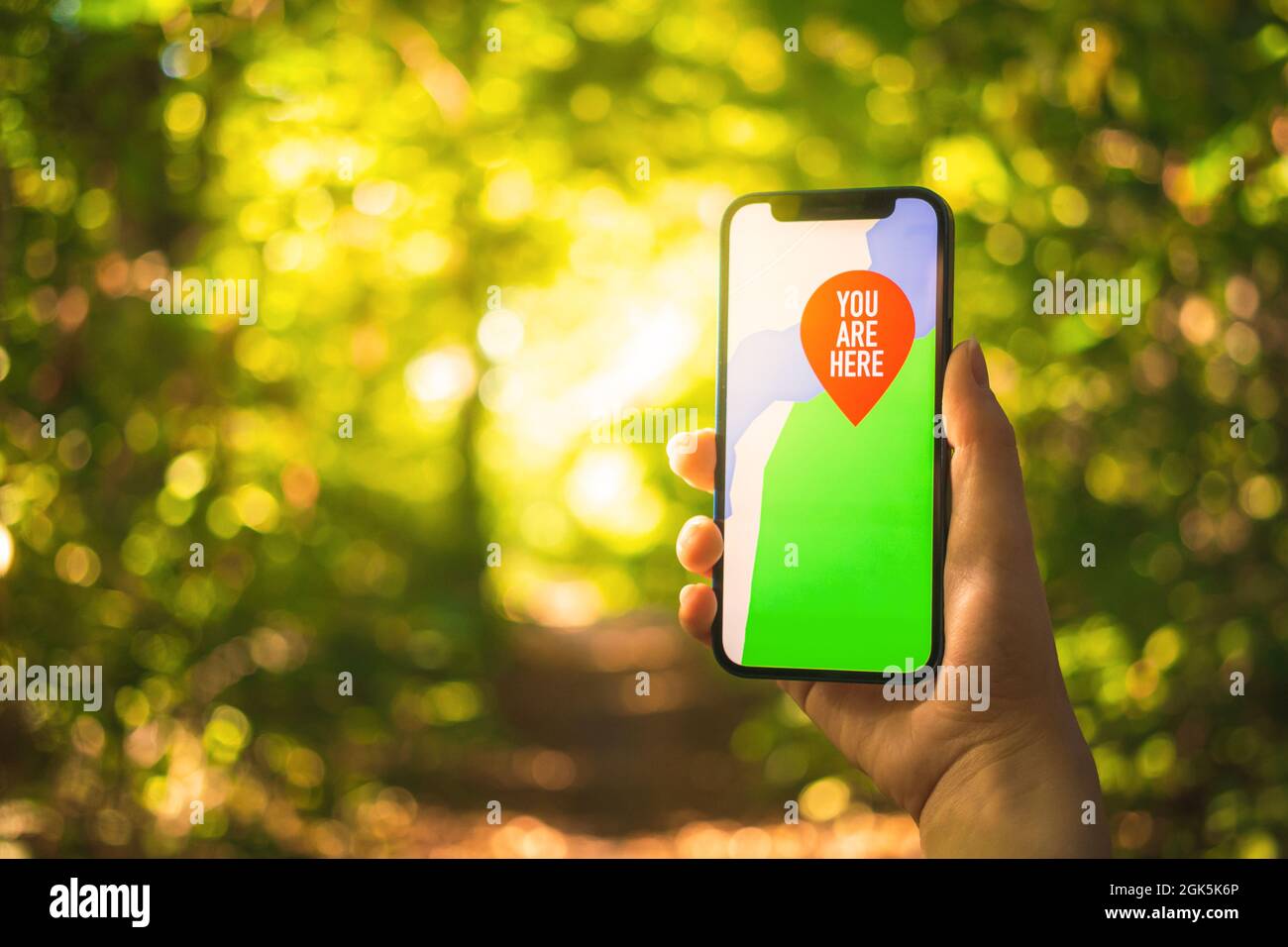 Maps on the smartphone in forest background. Outdoor navigation, hiking ...