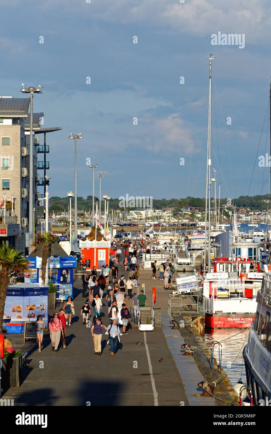 A busy waterfront on Poole Quay on a summers evening, Dorset England UK ...