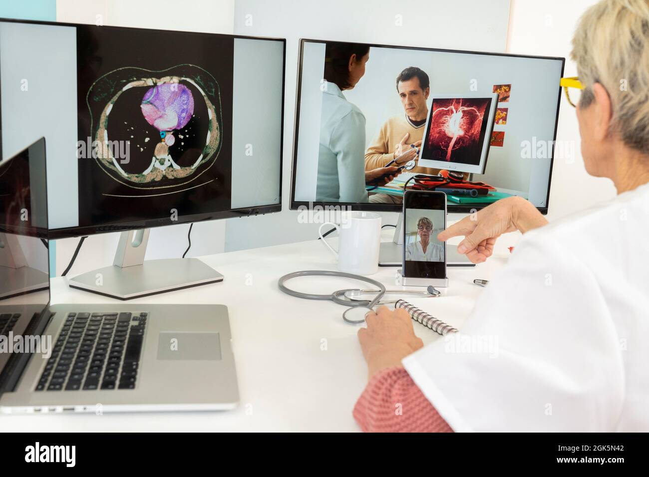 Teleconsultation between two doctors with medical images of stomachs on ...