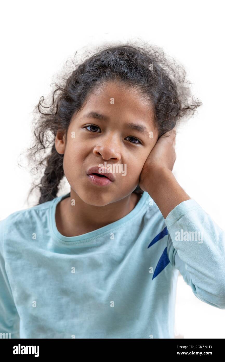 The Ear ache. Teen girl on a blue background. Facial expressions and ...