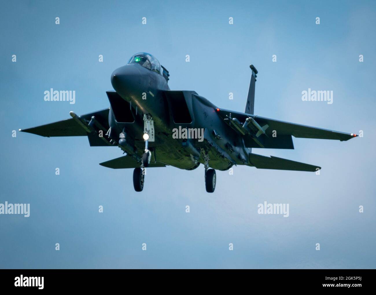 An F-15E Strike Eagle from the 335th Fighter Squadron prepares to land ...