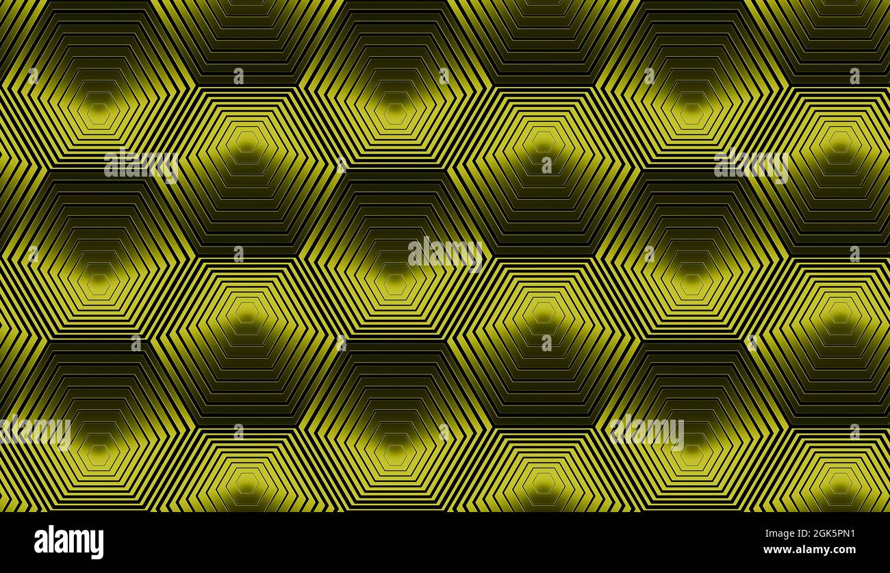 Modern composition with concentric hexagons in yellow metallic color ...
