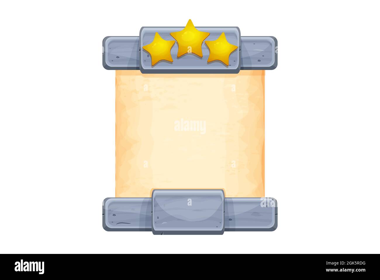 Stone frame with parchment paper, gold stars in cartoon style, level ...