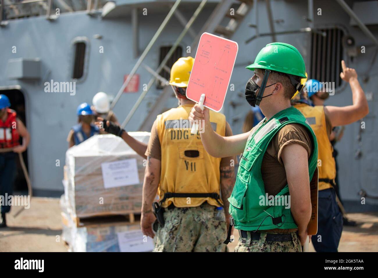 ARABIAN SEA (Aug. 10, 2021) – Seaman Caleb Alba communicates between ...