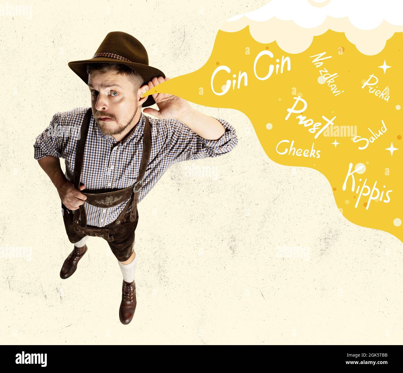 Contemporary collage, poster with bearded man, waiter in traditional ...