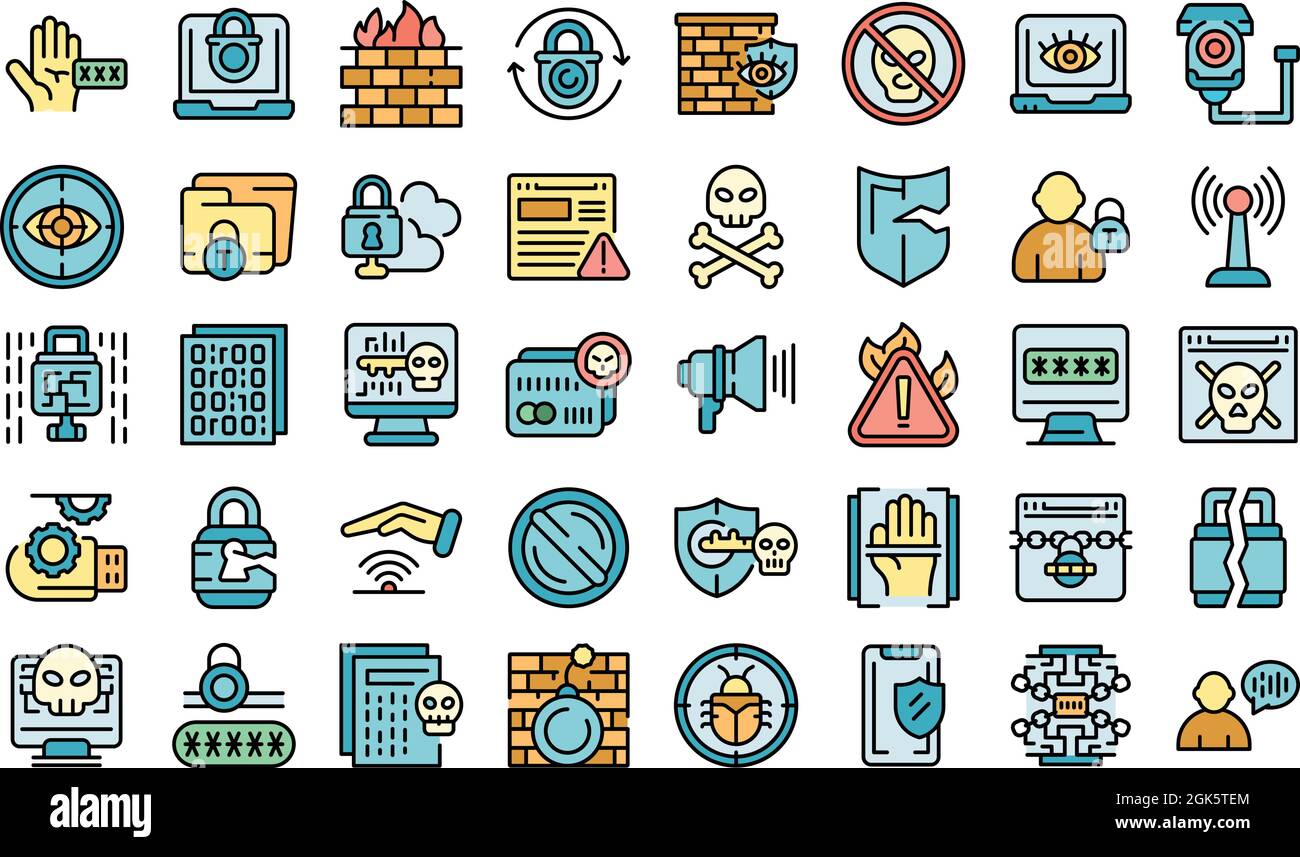 Stop theft icons set outline vector. Anti terrorist. Hacker attack ...