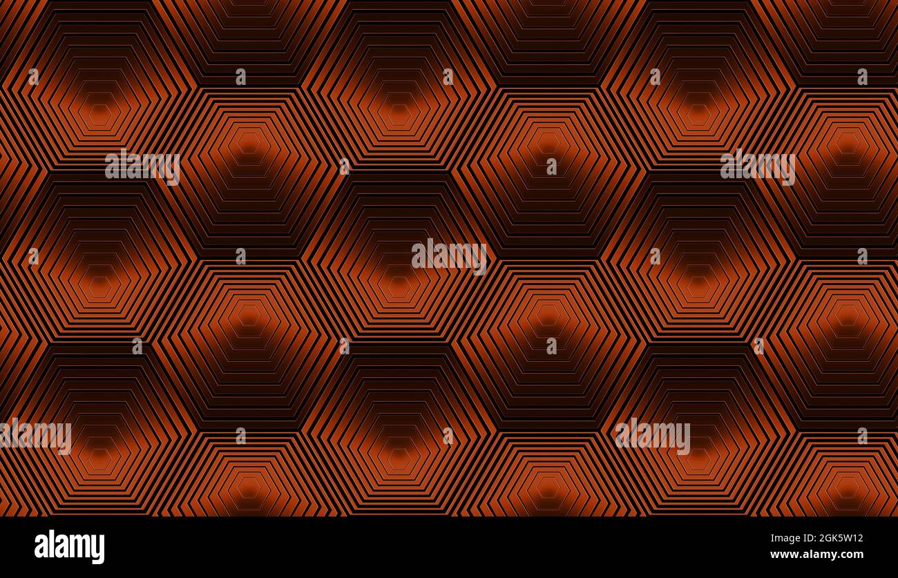 Modern composition with concentric hexagons in red-orange metallic ...