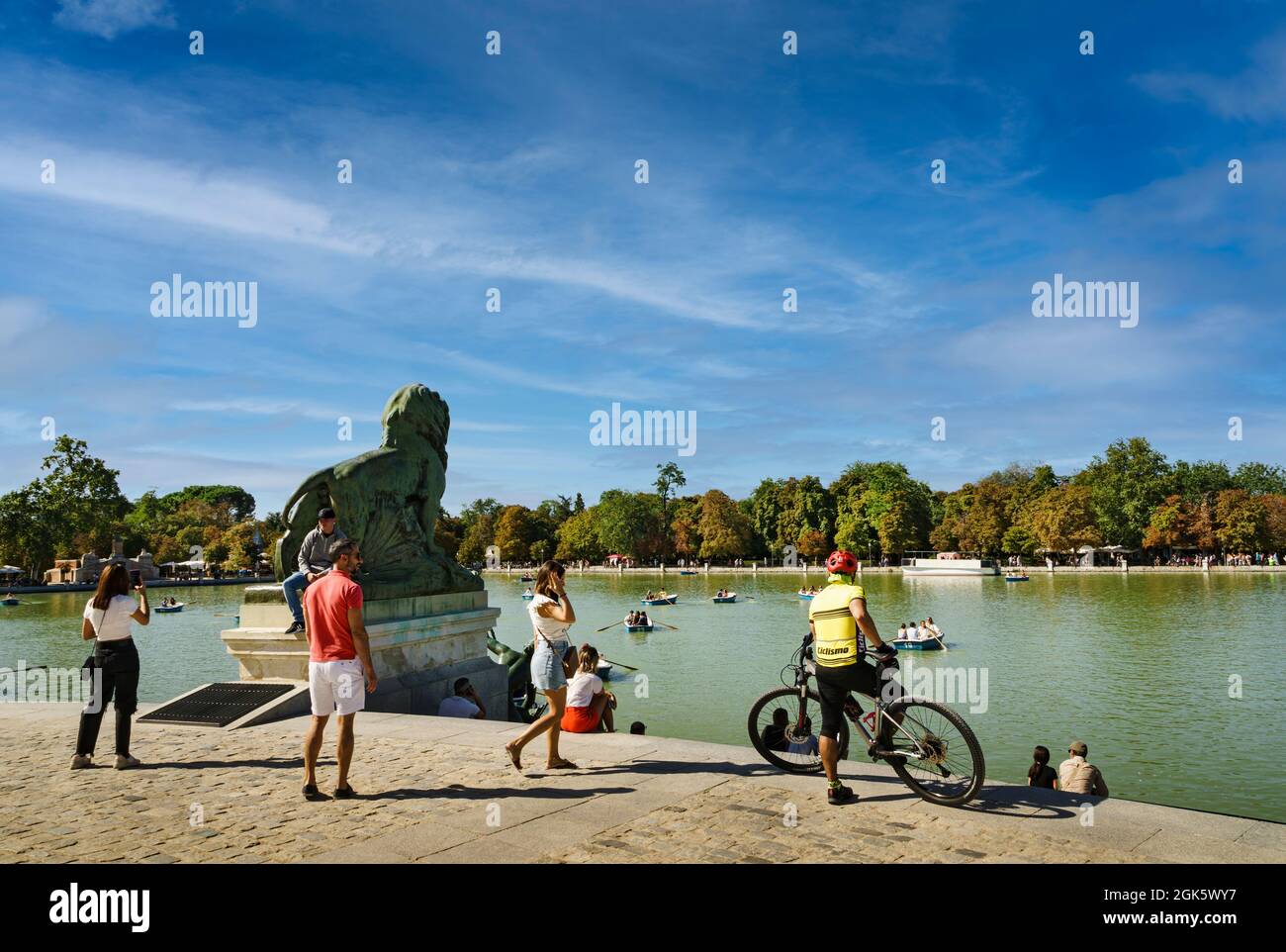 View of the lake inside the El Retiro park, a historic garden built in ...