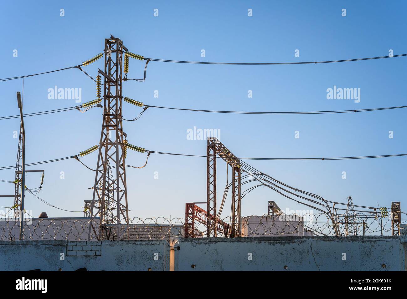 Distribution electric substation with power lines and transformers. A ...