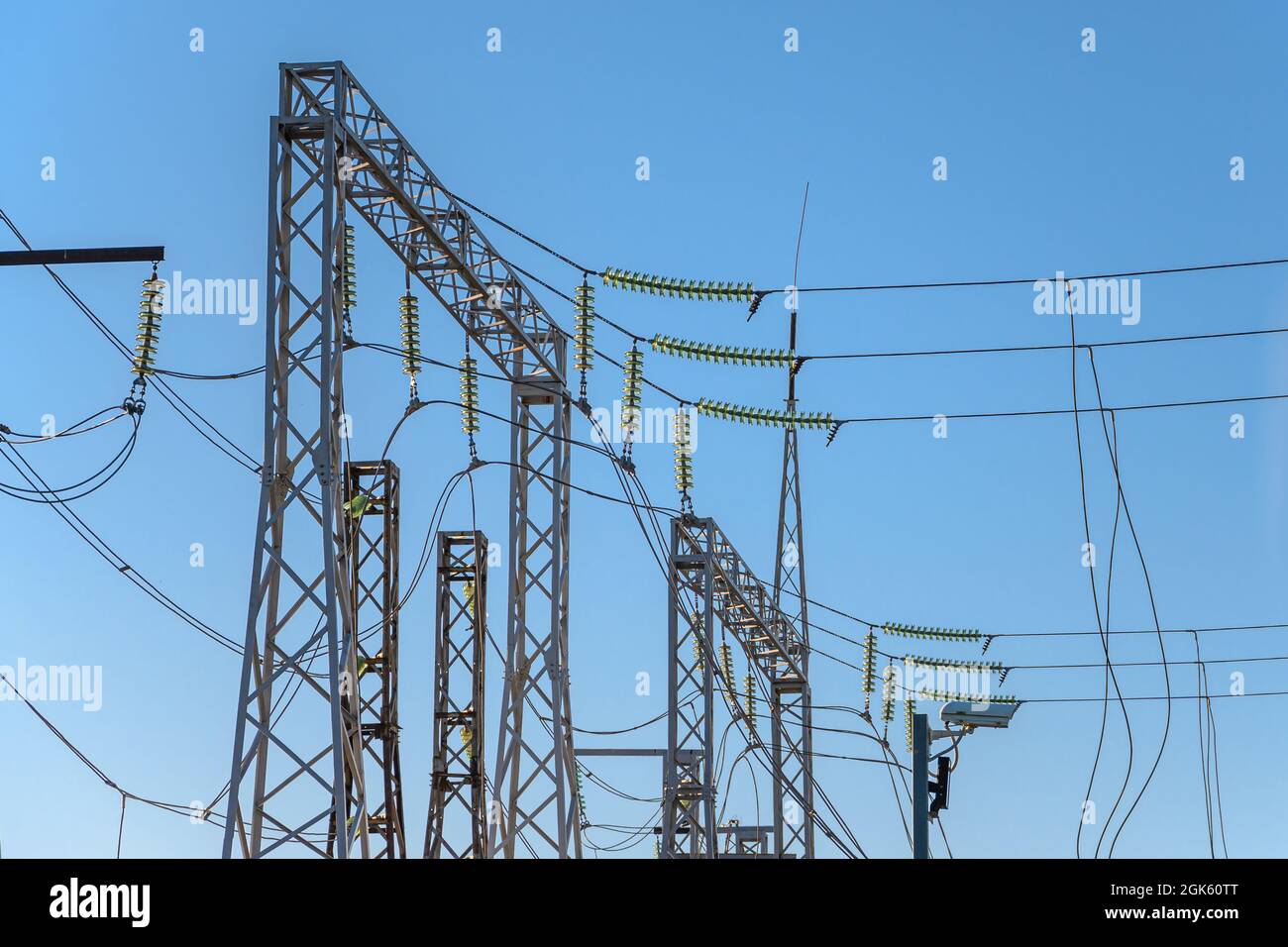 High-voltage power lines. Electricity distribution station. High ...