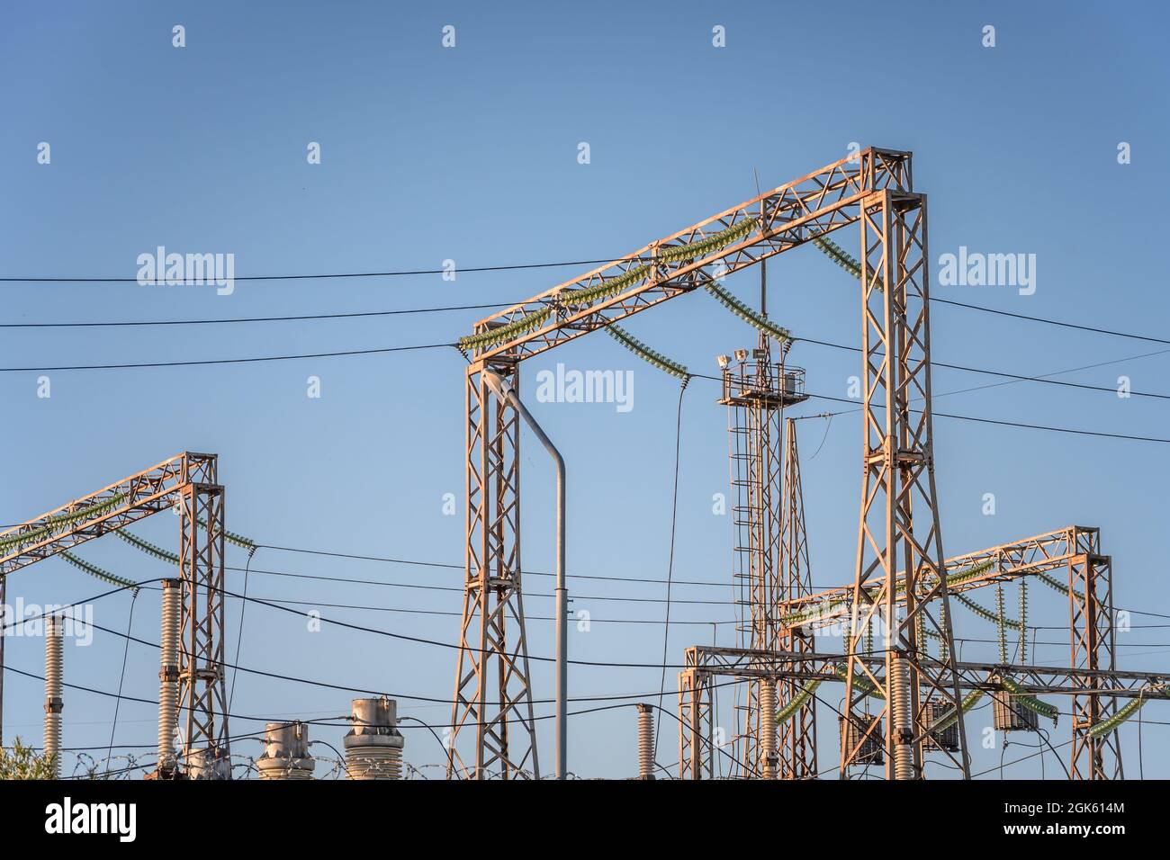 High-voltage power lines. Electricity distribution station. High ...