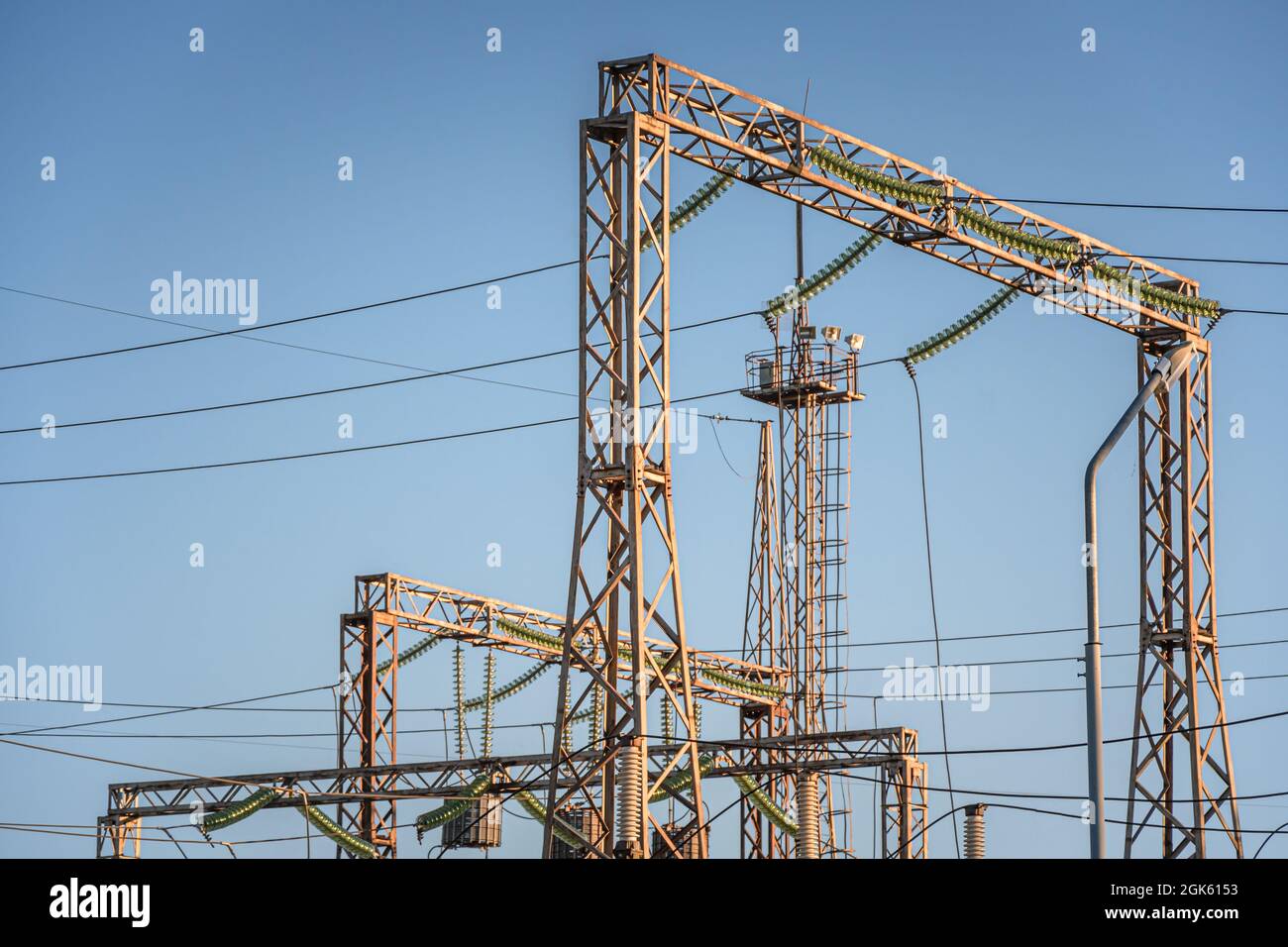 High-voltage power lines. Electricity distribution station. High ...