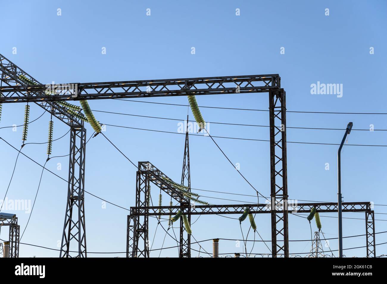 Electricity distribution station. Electrical pylon and high voltage ...