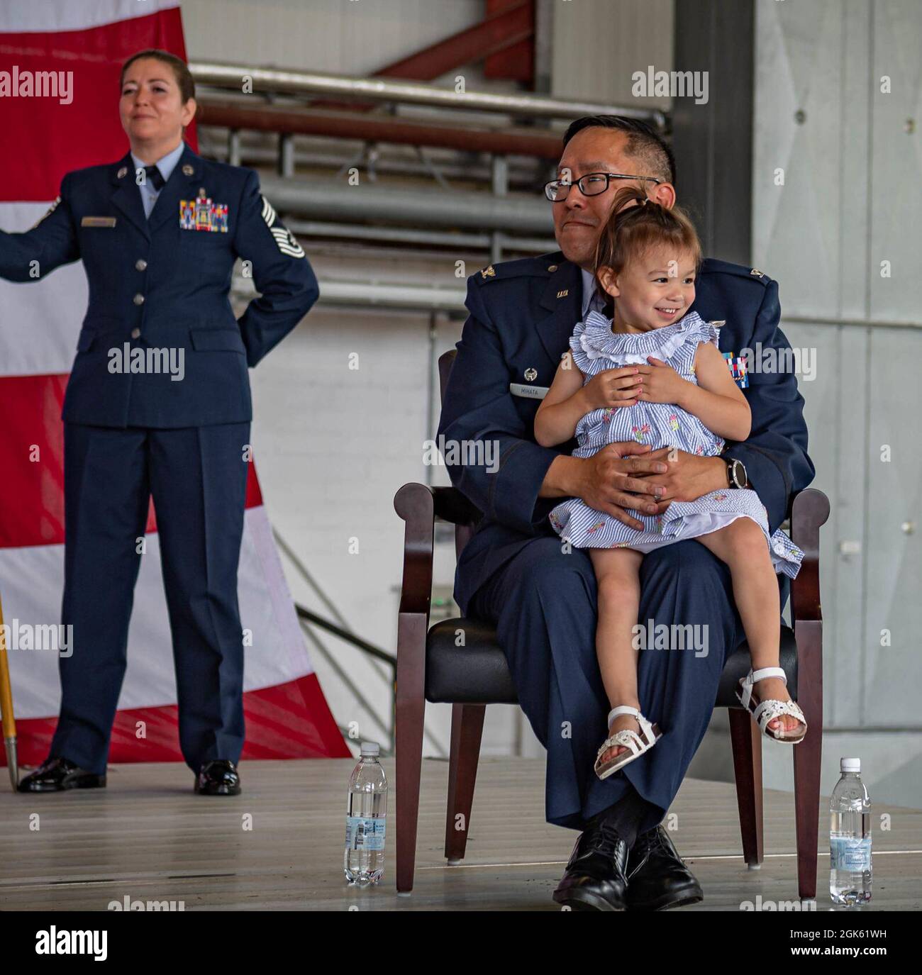 U.S. Air Force Col. Ryan Mihata, right, 86th Medical Group outgoing commander, sits with his ...