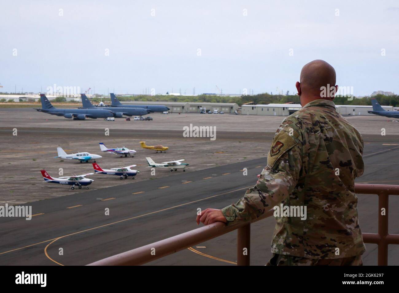 An Airman from the 297th Air Traffic Control Squadron observes the ...