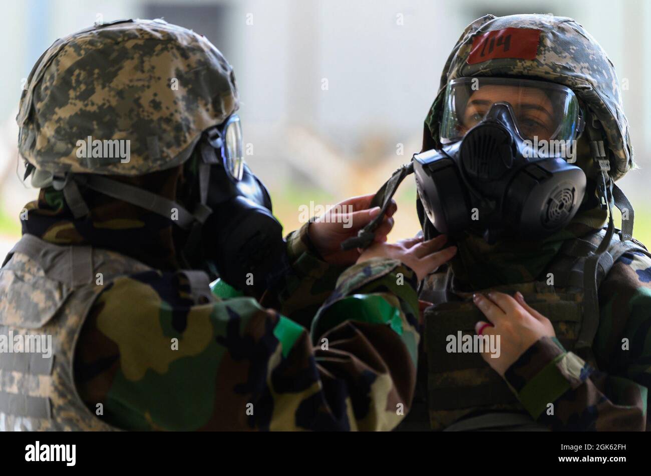 Two Airmen work together on M50 gas mask wear during training Aug. 11 ...