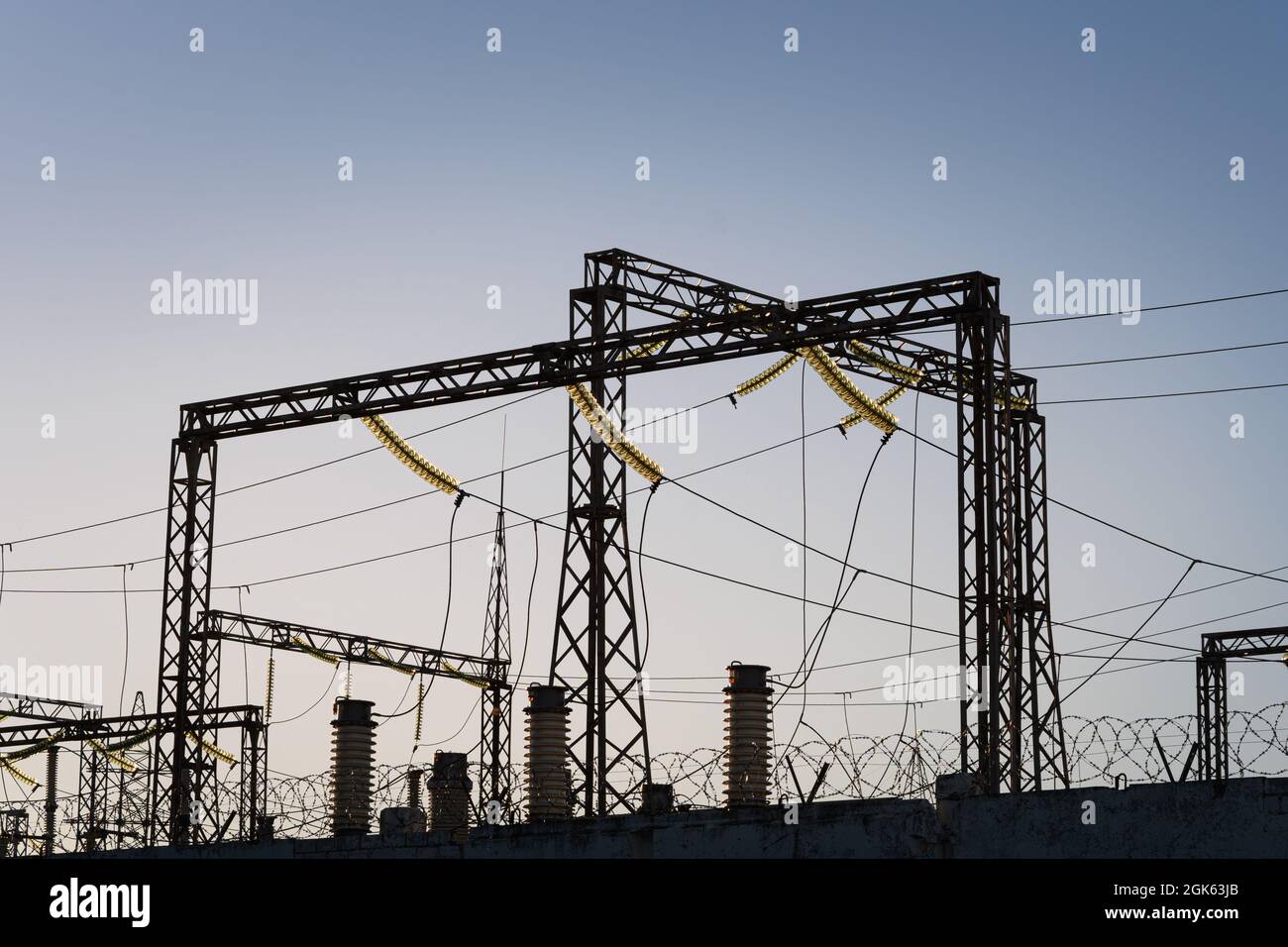Distribution electric substation with power lines and transformers. A ...