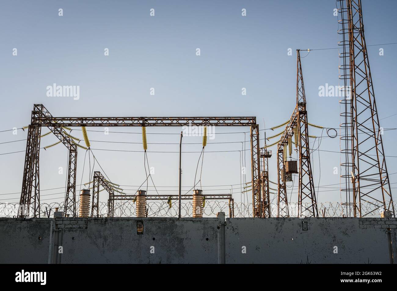 Distribution electric substation with power lines and transformers. A ...