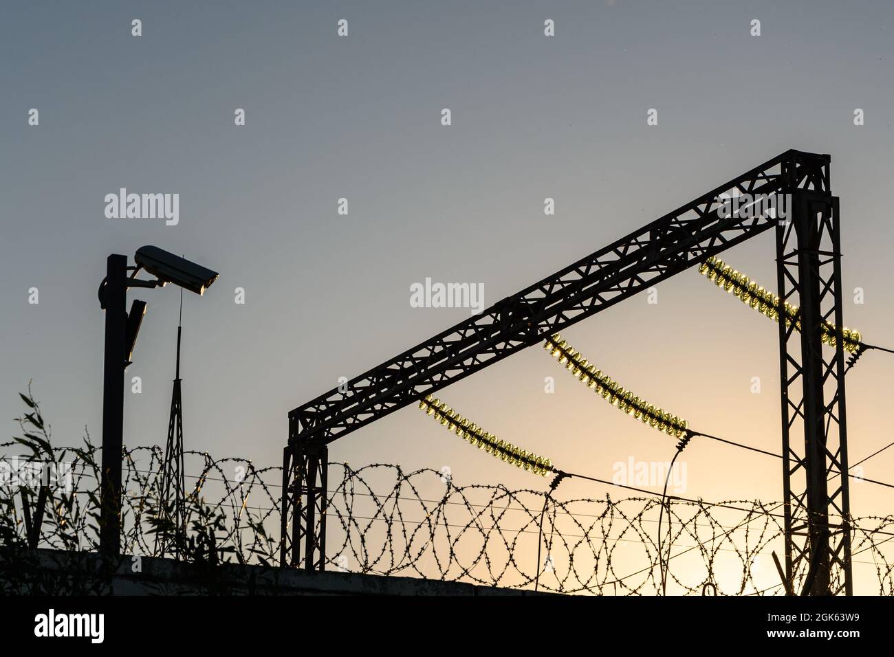 Distribution electric substation with power lines and transformers. A ...