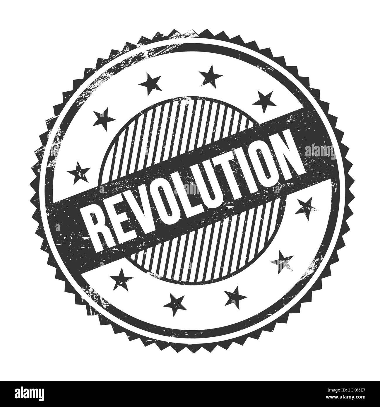 REVOLUTION text written on black grungy zig zag borders round stamp ...