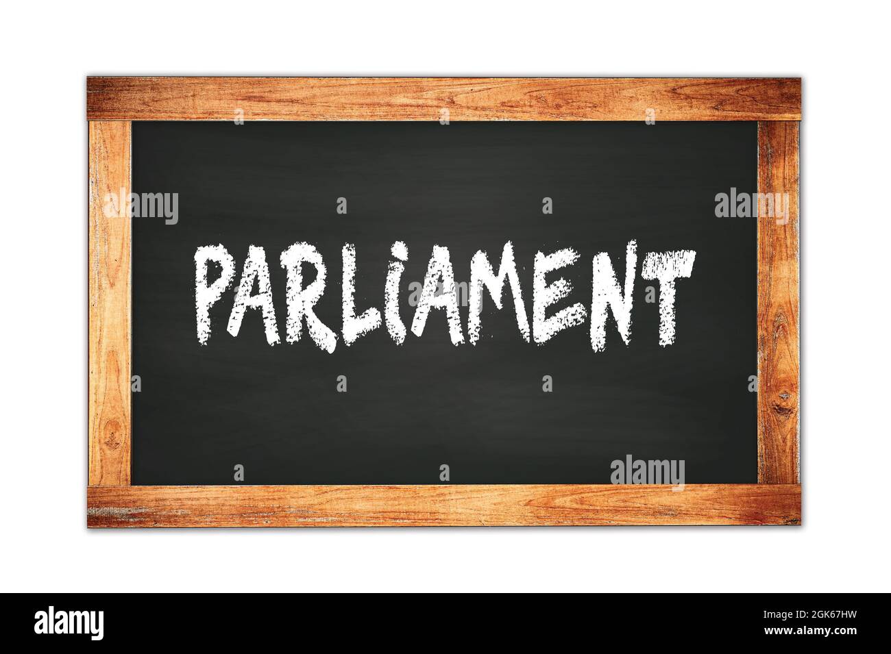 PARLIAMENT text written on black wooden frame school blackboard Stock ...