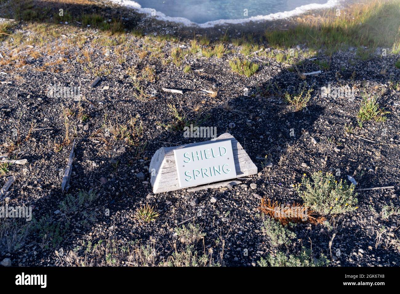 Sign for Shield Spring hot spring in Yellowstone National Park Stock ...
