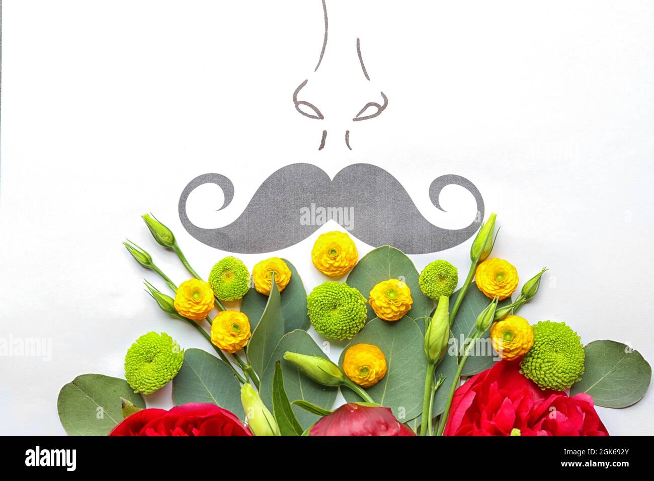 Card with moustache and beautiful flower composition, closeup Stock ...