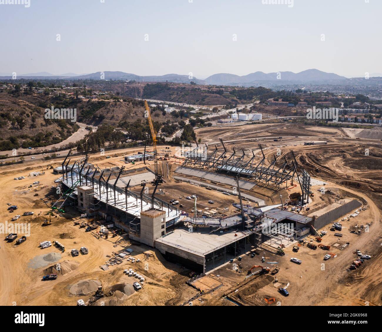 Aerial view of construction crews building new stadium arena in San ...
