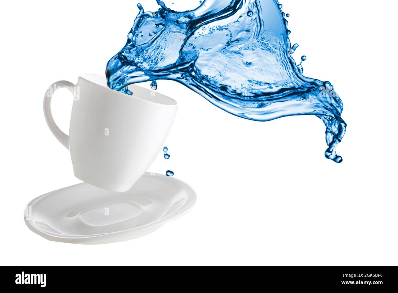On a white background, blue water flies from a cup Stock Photo - Alamy