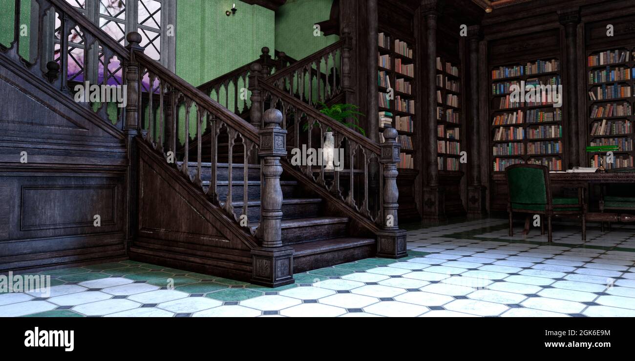 3D rendering of a gothic library interior Stock Photo - Alamy