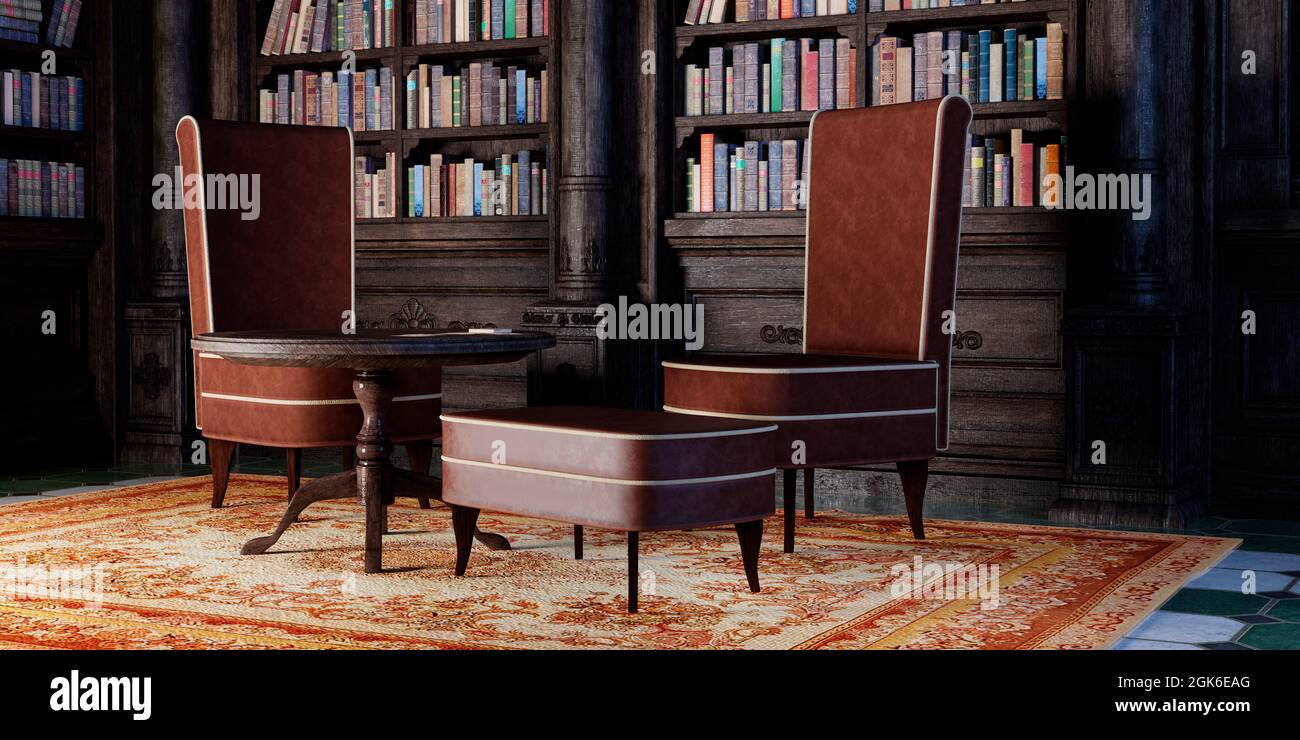 3D rendering of a gothic library interior Stock Photo - Alamy