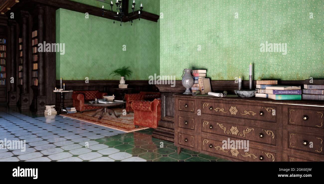 3D rendering of a gothic library interior Stock Photo - Alamy